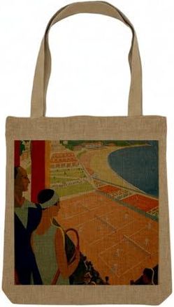 Fabulous Sac Shopping Tote Bag Aspect Lin - Monte Carlo Tennis Affiche Poster Vintage Voyage Art Deco 30s - Sac de Courses Toile Epaisse 360g Beige Naturel Cab