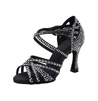MGM-Joymod Sandales de Danse à Bout Ouvert et avec Sangles croisées Strass pour Femme pour Salle de Bal, Noir A de 9cm Talon,38 EU