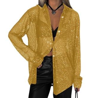 Generic Chemise d&eacute;contract&eacute;e &agrave; paillettes &agrave; manches longues et col rabattu pour femme, chemise argent&eacute;e pour femme, dor&eacute;, 3XL