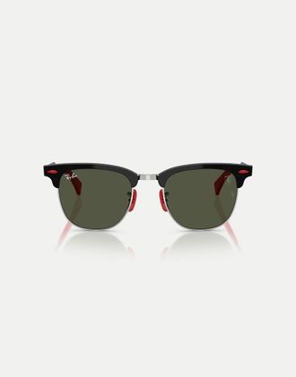 Ray-Ban Rb3807m Scuderia Ferrari Collection eckige Sonnenbrille mit gr&uuml;nen Gl&auml;sern in geb&uuml;rstetem Schwarz auf Silber