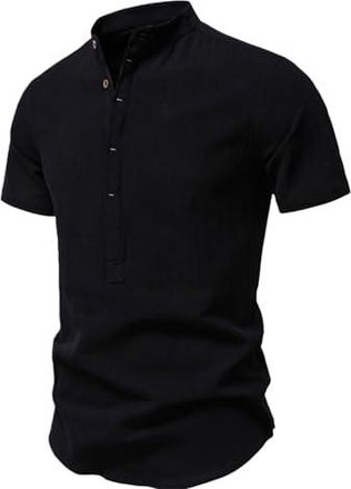 Generic Chemise d&eacute;t&eacute; en coton et lin &agrave; manches courtes pour homme - Col montant - Col montant - Tendance - Col en V - L&eacute;ger et respirant, Noir, XXL