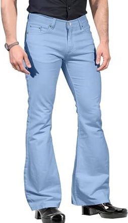 Generic Pantalon Extensible pour Homme, Bas Cloche, Denim Bleu Clair, Jambe Large, &eacute;vas&eacute;, Style Renaissance Classique des ann&eacute;es 70