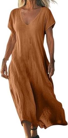 Generic Robe de plage d&eacute;t&eacute; en coton &agrave; manches courtes et col en V pour femme - Robe longue confortable et fluide, Orange/rouge, XXL