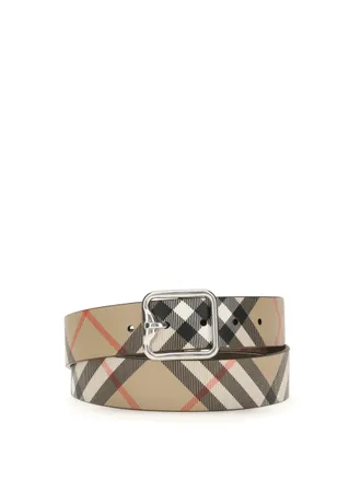 Burberry Mens Belt B Buckle Check Sand-Military-Silver Calf Leather Sand/military/silver