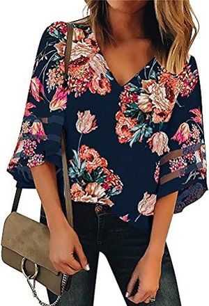 TOMWELL Blouse Femme Chemisier Manche 3/4 Trompette Top Chemise Tunique Haut Imprimé Col V en Chemise Lâche Mousseline T Shirt Couleur Unie Décontracté Tops B