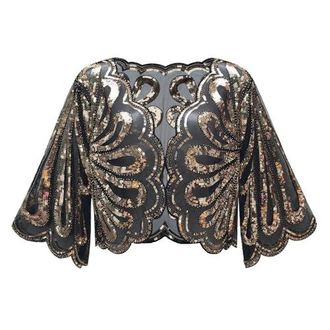 Generic Cardigan r&eacute;tro des ann&eacute;es 1920 pour femme - &Eacute;l&eacute;gante cape &agrave; paillettes l&eacute;g&egrave;re ouverte sur le devant mince v&ecirc;tement dext&eacute;rieur coupe ajust&eacute;e, dor&eacute;, Tai