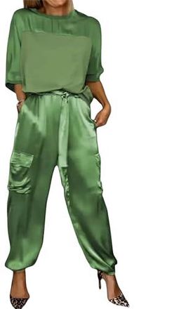Generic Ensemble de pantalons en satin, ensemble haut &agrave; manches mi-longues et pantalon en satin lisse, ensemble 2 pi&egrave;ces pour femme, ensemble confortable et d