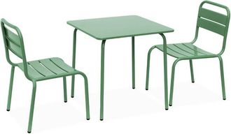 Sweeek Salon de jardin enfant. table et chaises en m&eacute;tal - Anna vert de gris. 2 places. table et chaises. 48x48cm