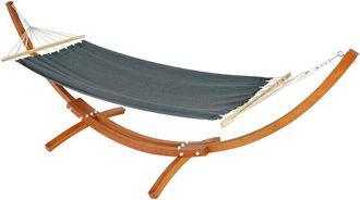 Hhg Hamac avec support 660, jusqu&agrave; 200kg support en bois MVG-certifi&eacute; 320cm, marron, tissu gris