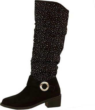 Generic Bottes hautes pour femme - Larges mollets paillet&eacute;s - Boucle de couleur unie - Confortables - Talon &eacute;pais - Noir, Noir, 39.5 EU