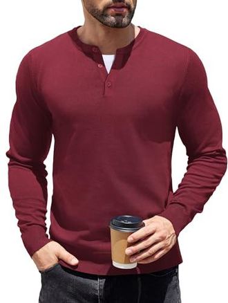 Coofandy Henley Pull en tricot fin à manches longues décontracté avec boutonnière pour homme, rouge bordeaux, S