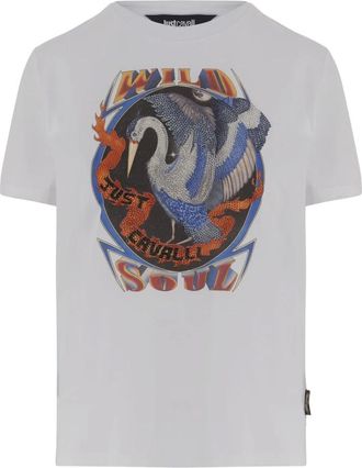 Just Cavalli Femme, Tops, Blanc, Taille: 38 FR T-shirt en coton avec imprim&eacute; logo