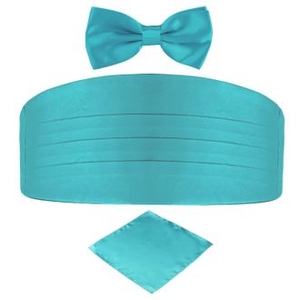 DonDon 3er Set Herren Kummerbund Fliege Einstecktuch farblich abgestimmt gl&auml;nzend f&uuml;r feierliche Anl&auml;sse - T&uuml;rkis