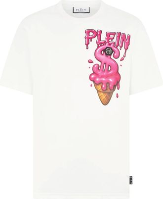 Philipp Plein Homme, Tops, Blanc, Taille: XL T-Shirt Col Rond Ice Cream Dollar