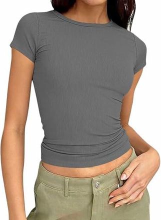 Generic T-shirt Y2K c&ocirc;tel&eacute; pour femme - Coupe ajust&eacute;e - Pull en tricot c&ocirc;tel&eacute; &eacute;l&eacute;gant - Col rond - Couleur unie - Manches courtes - &Eacute;t&eacute; - Haut c&ocirc;tel&eacute; - Haut t