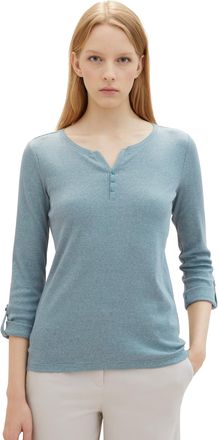 Tom Tailor Damen Henley Longsleeve mit Streifen aus Bio-Baumwolle, 34860 - Green Offwhite Stripe Ck, XXS