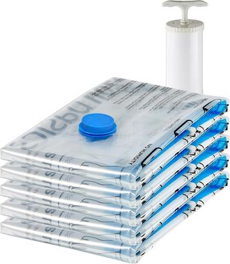 Amazon Basics Vakuumbeutel für Kleidung mit Luftdichtem Ventil und Handpumpe - Groß, 5er-Pack, Reißverschluss, Transparent