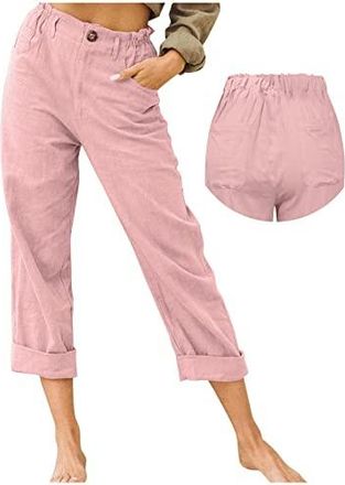 Generic Pantalon Large en Lin Femme Fluide Ample Pantalon Femme Taille &Eacute;lastique en Lin D&eacute;contract&eacute; avec Poche Leger Vetement Ete Baggy Ensemble (Pink XL)