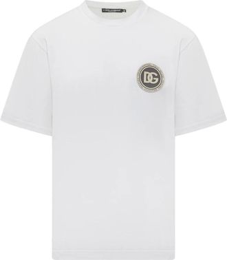 Dolce & Gabbana Homme, Tops, Blanc, Taille: 2XL T-shirt en coton avec logo brod&eacute;