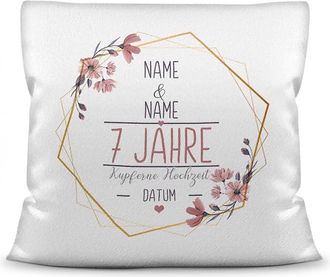 Tassendruck Kissen Hochzeitstag Kupferne Hochzeit - mit Name & Datum selbst gestalten - 7 Jahre Ehe, Geschenk Hochzeit, Jubiläum, Jahrestag - Hochzeit Kissen Weiß