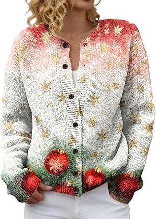Generic Cardigan tricoté imprimé sapin de Noël pour femme, chandail fantaisie flocon de neige boutonné ouvert sur le devant, vestes à manches longues amusante