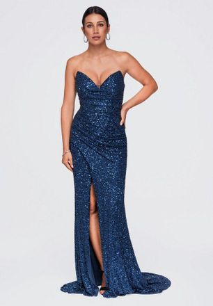 Ombre Abendkleid Damen Abendkleid mit Herz-Ausschnitt und Pailletten Navy L (kein Set, 1-tlg) in Unifarbe