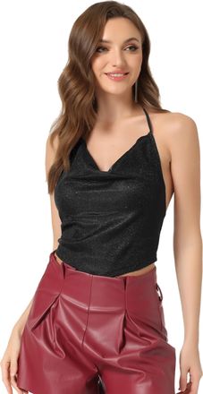 Allegra K Damen Glitzer Top Pailletten Oberteil Sequin Sexy Festival Outfit R&uuml;ckenfreies Party Neckholder Bauchfrei Cami-Tops Schwarz XS