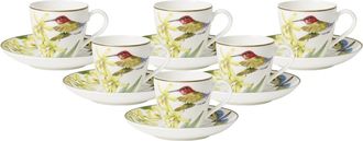 Villeroy & Boch Amazonia Anmut Espressotassen mit Untertassen 100 ml, 6er Set, Espresso-Set mit farbenfrohem Natur-Dekor, Premium Bone Porzellan, Bunt