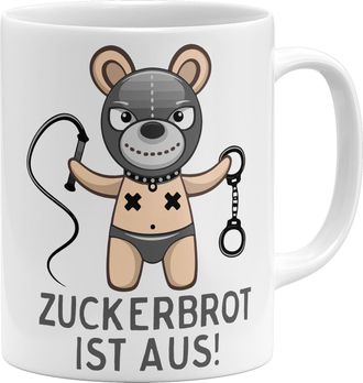 OM3 Zuckerbrot ist aus! SM Teddy Kaffee-Tasse mit frechem Spruch - Keramik Becher - 325ml - Beidseitig Bedruckt - Weiss