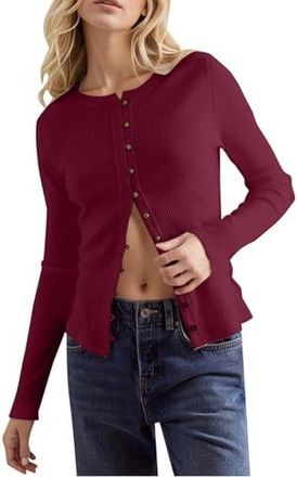 Generic Vestes pour femmes 2026 - Couleur unie - Coupe ajust&eacute;e - Boutonn&eacute;e - Manches longues - Col rond - Haut c&ocirc;tel&eacute; tricot&eacute;, bordeaux, XL