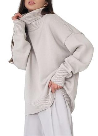 Generic Pull oversize &agrave; col roul&eacute; d&eacute;contract&eacute; et manches longues pour femme - Pull ample en tricot pour lautomne et lhiver, gris, L