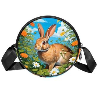 Generic Petit sac &agrave; bandouli&egrave;re circulaire pour femme, motif floral, lapin, sac &agrave; dos &agrave; bandouli&egrave;re avec fermeture &eacute;clair, bretelles r&eacute;glables, sac &agrave; main ron