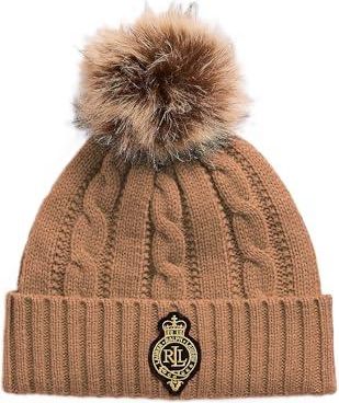 Lauren Ralph Lauren Casquette pour femme de marque, modèle avec Pon Pon Cbl Crst Ptc 454960081, fabriqué en polyester., Camel, Taille Unique