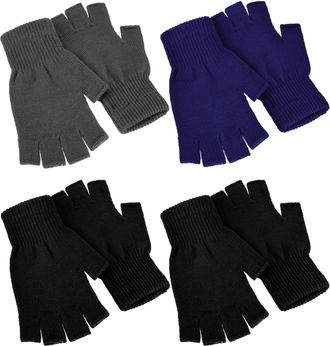 Satinior Halbfingerhandschuhe f&uuml;r den Winter, gestrickte fingerlose F&auml;ustlinge, warme dehnbare Handschuhe f&uuml;r Herren und Damen, 4 Paar., Schwarz, Grau, Blau, M