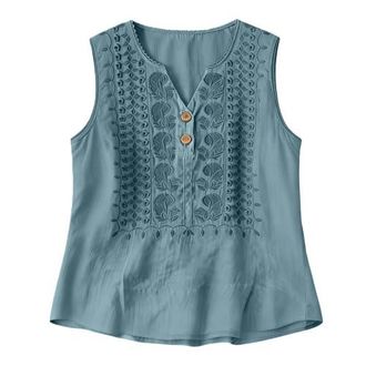 Generic D&eacute;bardeur &agrave; col en V pour femme avec boutons brod&eacute;s floraux, sans manches, en coton et lin, l&eacute;ger et confortable, couleur unie, coupe ample, &eacute;l&eacute;gant, 