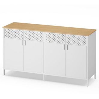 Songmics Buffet de Rangement en Acier, Armoire &agrave; Double Porte pour Salon, Fermeture Magn&eacute;tique, M&eacute;tal, Blanc et Ch&ecirc;ne