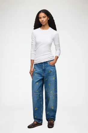 Ganni Jean barrel en denim imprim&eacute; Stary Bleu Coton biologique - Taille 26W/33L - Pour Femme