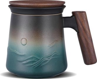 Zens Teetasse mit Deckel und Sieb, 430ml Holzgriff Gro&szlig; Teebecher mit Teesieb und Holz Deckel f&uuml;r Losen Tee, Keramik Teetassen Geschenk f&uuml;r Teeliebhaber, S