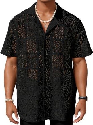 Feoya Chemise &agrave; manches courtes en dentelle pour homme - Transparent - Pour les muscles, les discoth&egrave;ques, les f&ecirc;tes, les raves, Dentelle noire, XXL