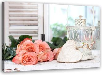 Feeby Febby Vlies Leinwandbild XXL Rosen Blumen 70x50 cm Wandbild Kunst Bilder Schlafzimmer Deko Wohnzimmer Rustikaler Stil Rosa