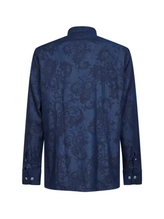 Etro Mens Blue Paisley Ramage-Pattern Denim Shirt Cotton