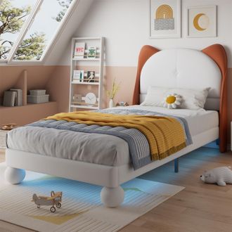 Generic Polsterbett, Einzelbett 90x200 cm, Bett mit Katzenohren Kopfteil, Farblich anpassbare LED Lichtleiste unter dem Bett, Stabile Lattenroste, PU, Beige +