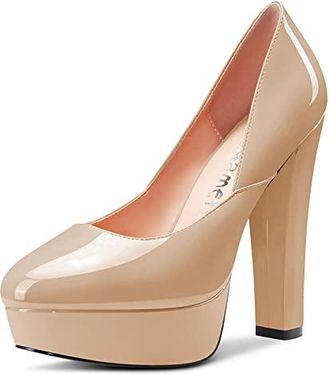Castamere Femmes Haut High Talon Heel Bloc Chunky Plate-Forme Rond Bout Slip-on Escarpins Classique Cute Dress 13 CM Heels Chaussures Beige 38 EU