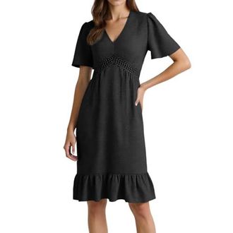 Generic Robe d&eacute;t&eacute; taille empire pour femmes, robe midi &agrave; smocks et manches courtes et col en V, robe d&eacute;t&eacute; boh&egrave;me, robe ample pour les vacances, les essentiels