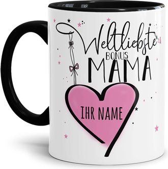 Tassendruck Keramik Tasse - Weltliebste Bonusmama - zum selbst gestalten mit Name - Geschenk für die beste Bonusmama - Innen & Henkel Schwarz, 300 ml