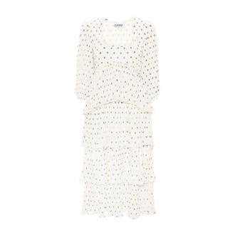 Ganni Femme, Robes, Blanc, Taille: 42 FR Robe Midi Smock &agrave; Volants