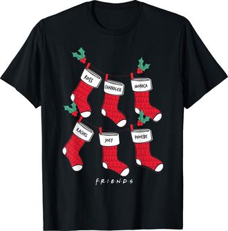 Friends Herren Christmas T-Shirt Schwarz S Klassisch Pull-On Kurzarm Baumwolle 100% Stretchable Weihnachtsstrumpf-Muster, dehnbar