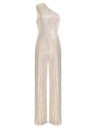 TiaoBug Damen Pailletten Jumpsuit Overall Ein-Schulter Body mit Weite Hose Festlich Einteiler Modern Hosenanzug Tanz Leotard Romper Playsuit Beige S