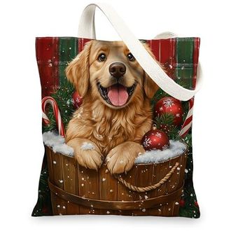 Generic Sac fourre-tout en toile r&eacute;utilisable &agrave; motif de chien Golden Retriever de No&euml;l pour faire du shopping, 33 x 38,1 cm, sac d&eacute;picerie r&eacute;utilisable pour 