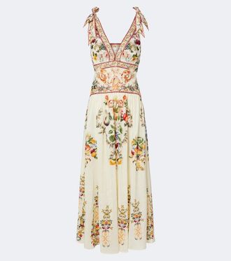 Camilla Robe longue en lin et soie &agrave; imprim&eacute; et ornements